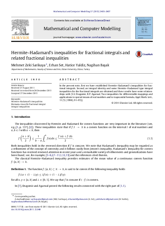 (PDF) Hermite–Hadamard’s inequalities for fractional integrals and related fractional inequalities