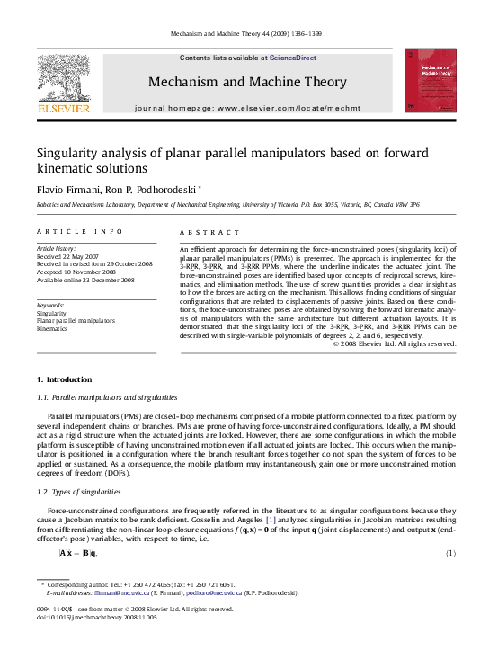(PDF) Singularity analysis of planar parallel manipulators based on forward kinematic solutions