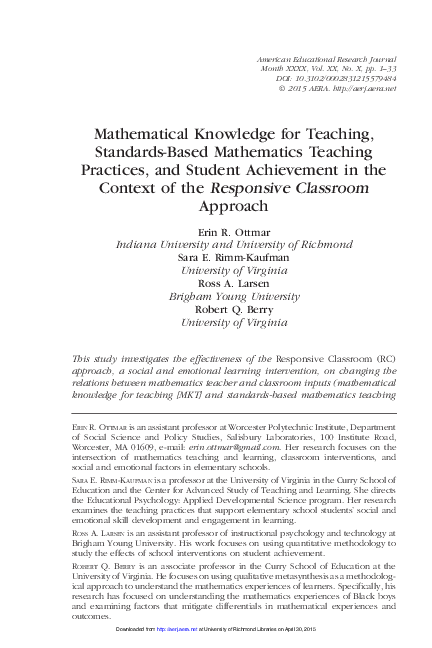 (PDF) Mathematical Knowledge for Teaching, Standards-Based Mathematics ...