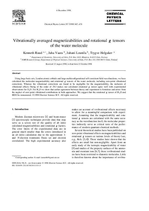 (PDF) Magnetizabilities and Rotational g Tensors of Water Molecule