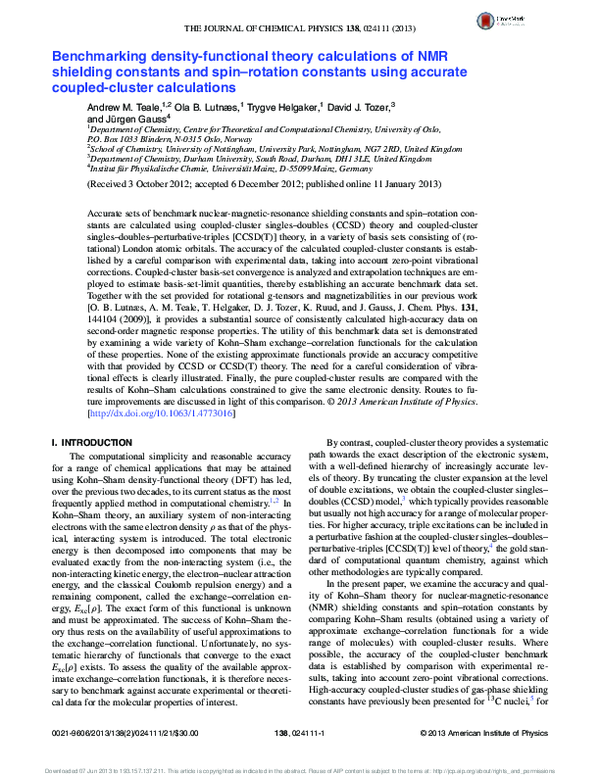 Pdf Benchmarking Density Functional Theory Calculations Of Nmr Shielding Constants And Spin