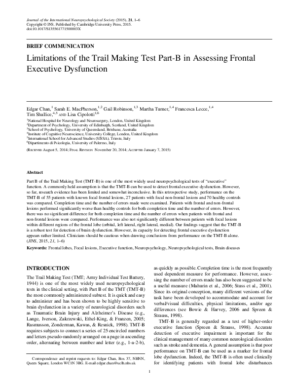(PDF) Limitations of the Trail Making Test Part-B in Assessing Frontal ...