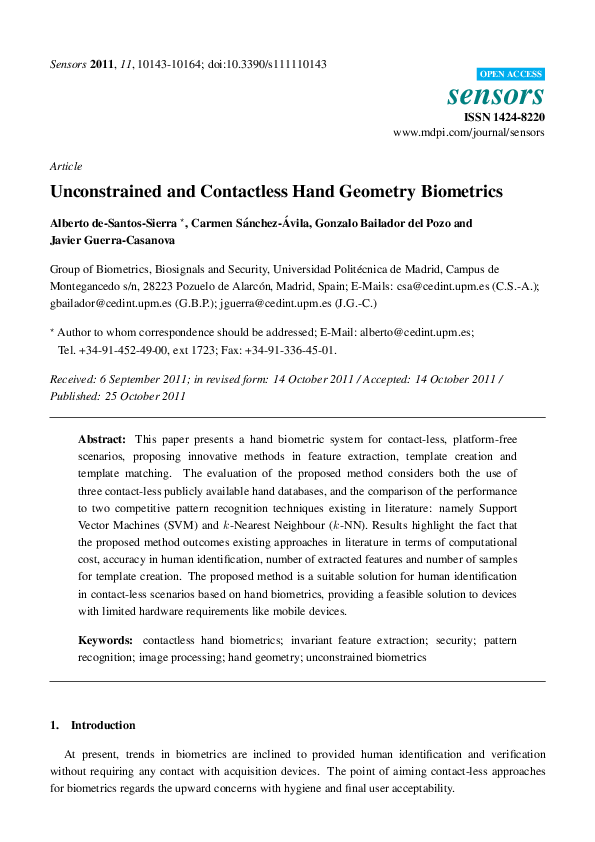 (PDF) Unconstrained and Contactless Hand Geometry Biometrics