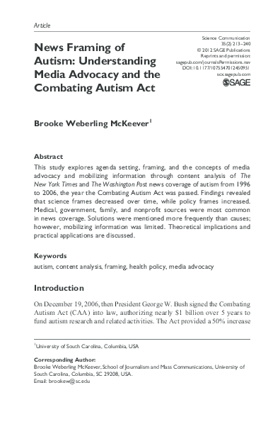 (PDF) News Framing of Autism: Understanding Media Advocacy and the ...