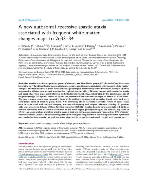 (PDF) Autosomal recessive spastic ataxia of Charlevoix-Saguenay (ARSACS): typical clinical and ...