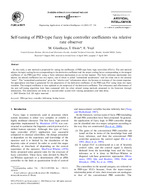 Pdf Self Tuning Of Pid Type Fuzzy Logic Controller Coefficients Via Relative Rate Observer
