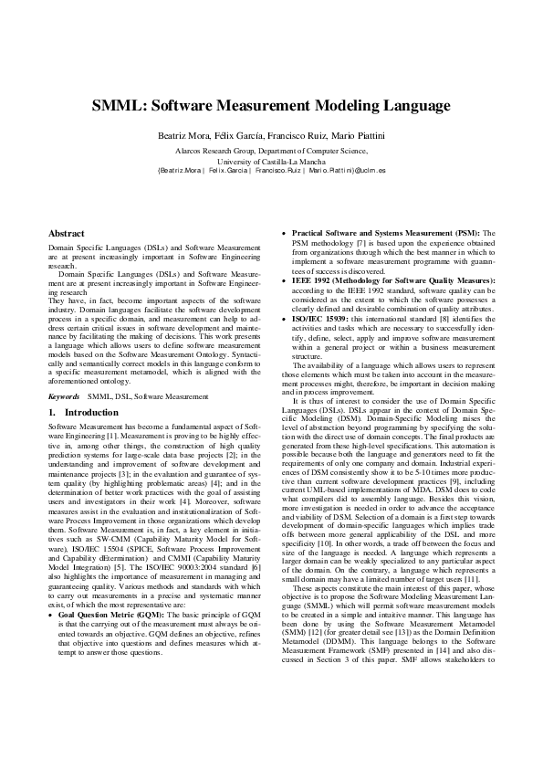 (PDF) Smml: Software measurement modeling language