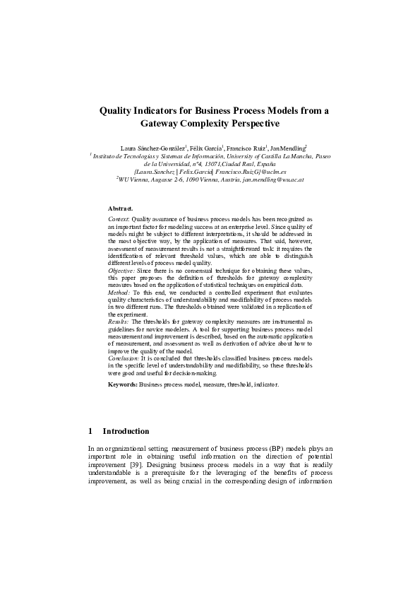 (PDF) Quality indicators for business process models from a gateway complexity perspective
