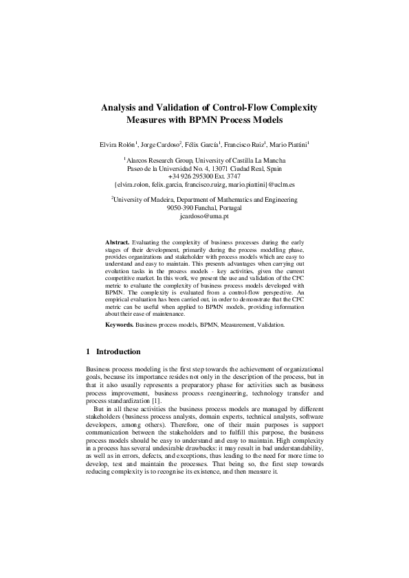 (PDF) Analysis and Validation of Control-Flow Complexity Measures withBPMN Process Models