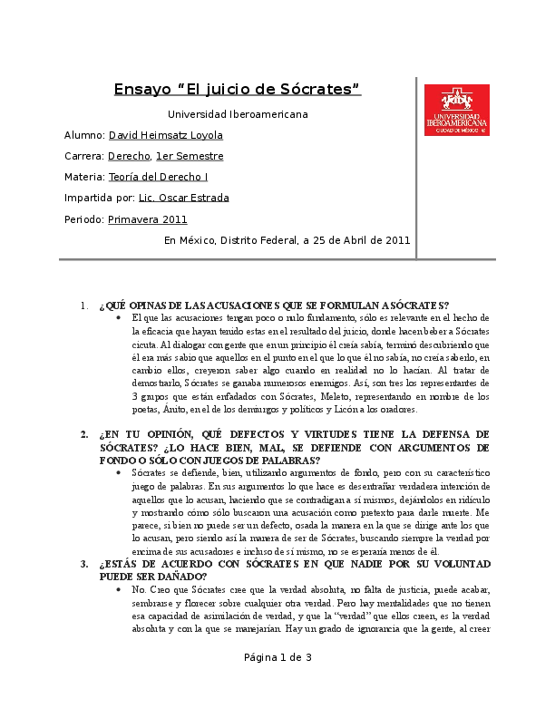 (DOC) Ensayo " El juicio de Sócrates " 1. ¿QUÉ OPINAS DE LAS ...