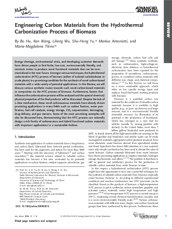 (PDF) Engineering Carbon Materials from the Hydrothermal Carbonization Process of Biomass