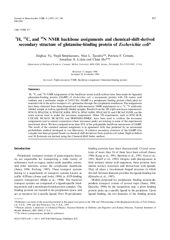(PDF) 1H, 13C, and 15N NMR backbone assignments and chemical-shift-derived secondary structure ...