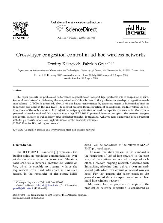 (PDF) Cross-layer congestion control in ad hoc wireless networks