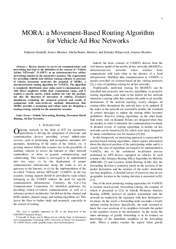 (PDF) MORA: A movement-based routing algorithm for vehicle ad hoc networks