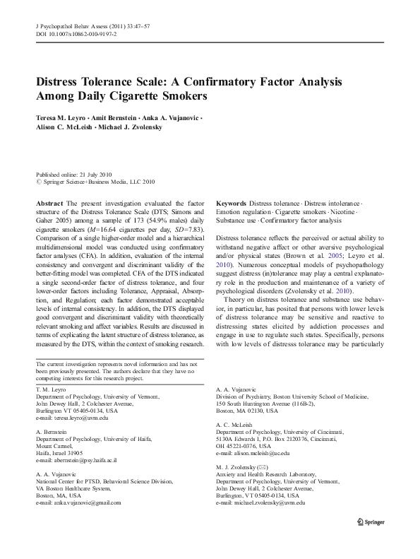 (PDF) Distress Tolerance Scale: A Confirmatory Factor Analysis Among ...