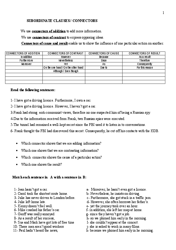 (DOC) SUBORDINATE CLAUSES / CONNECTORS