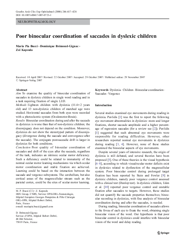 (PDF) Poor binocular coordination of saccades in dyslexic children