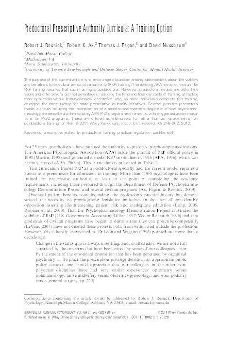 (PDF) Predoctoral prescriptive authority curricula: A training option