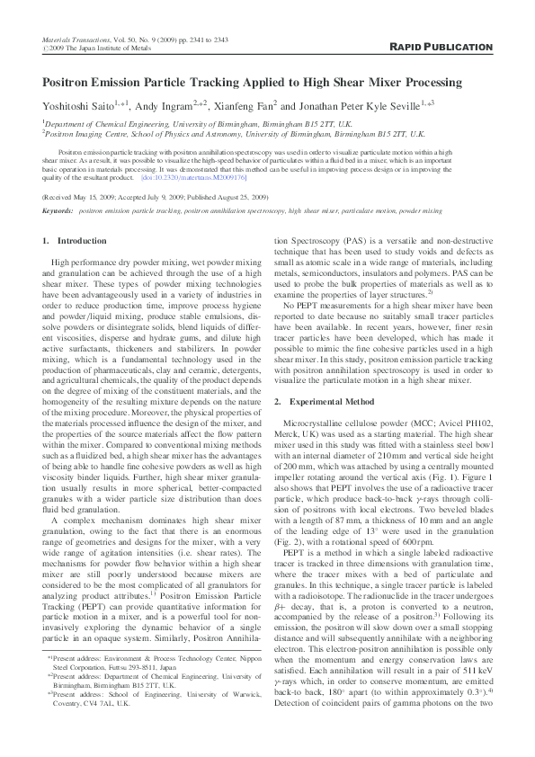 (PDF) Positron Emission Particle Tracking Applied to High Shear Mixer Processing