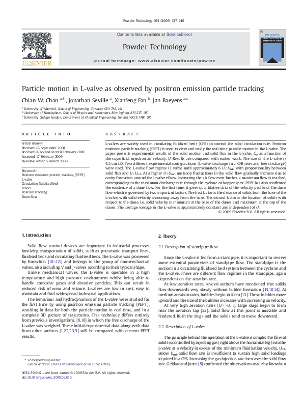 (PDF) Particle motion in L-valve as observed by positron emission particle tracking