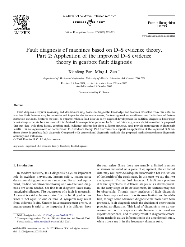 (PDF) Fault diagnosis of machines based on D–S evidence theory. Part 2: Application of the ...