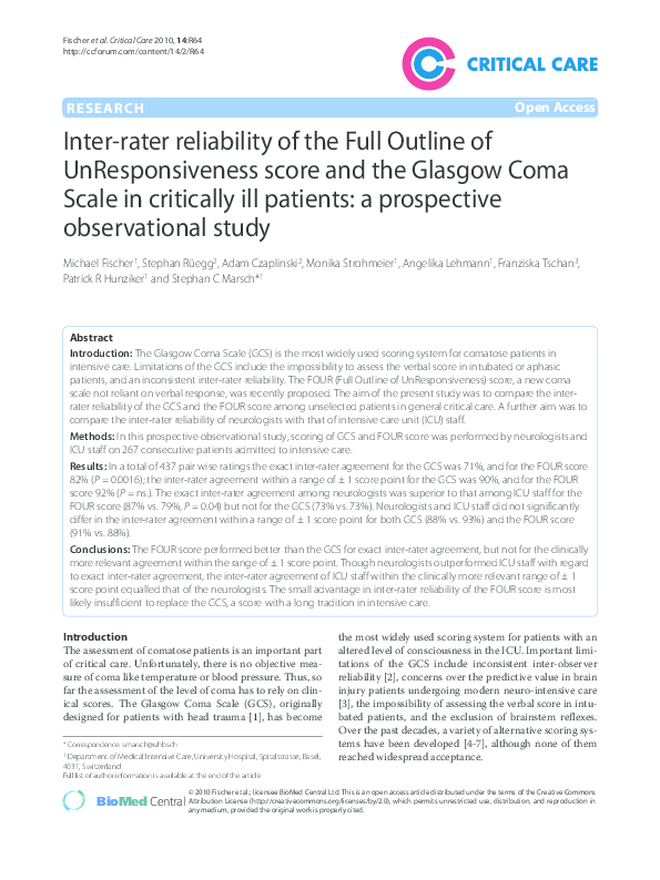 (PDF) Inter-rater reliability of the Full Outline of UnResponsiveness score and the Glasgow Coma ...