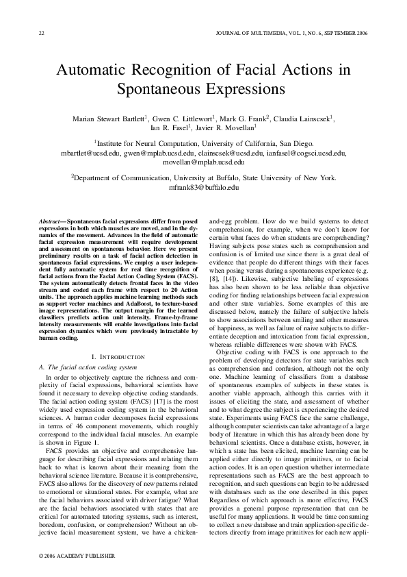 (PDF) Automatic Recognition of Facial Actions in Spontaneous Expressions