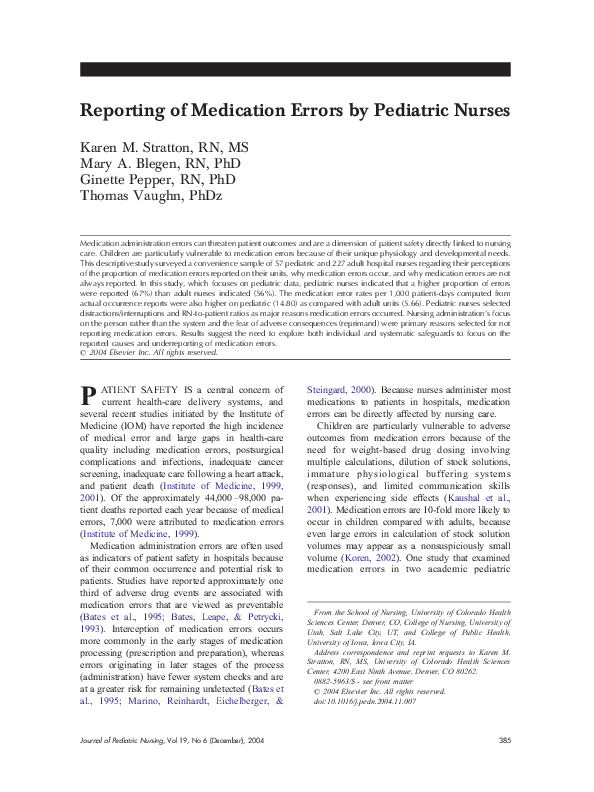 (PDF) Reporting of Medication Errors by Pediatric Nurses
