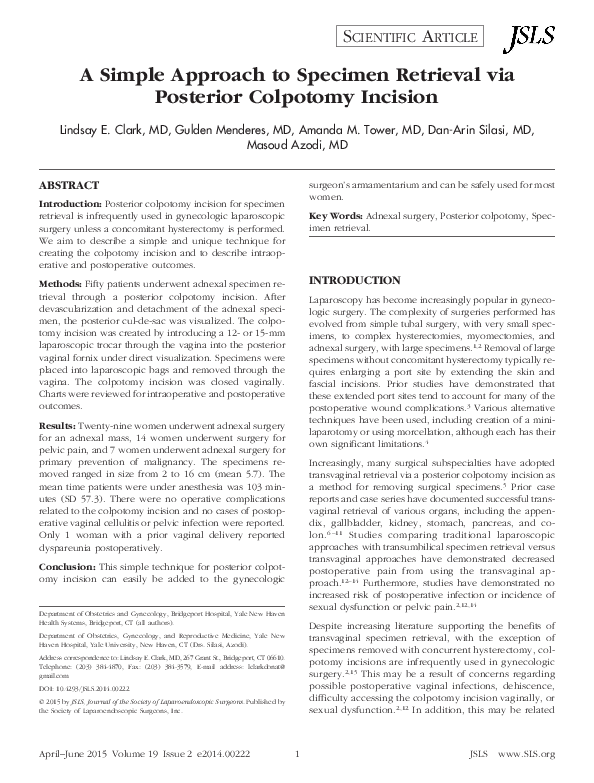 (PDF) A Simple Approach to Specimen Retrieval via Posterior Colpotomy ...