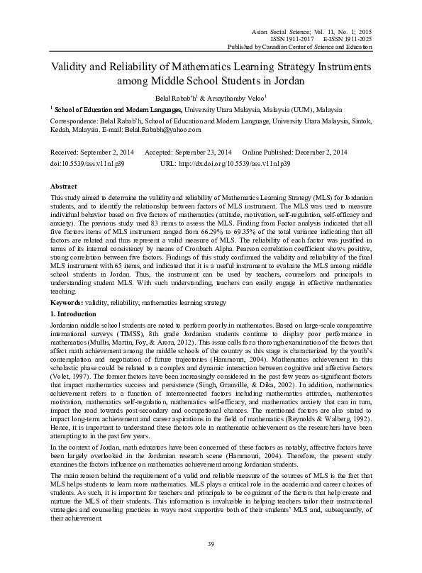 (PDF) Validity and Reliability of Mathematics Learning Strategy Instruments among Middle School ...