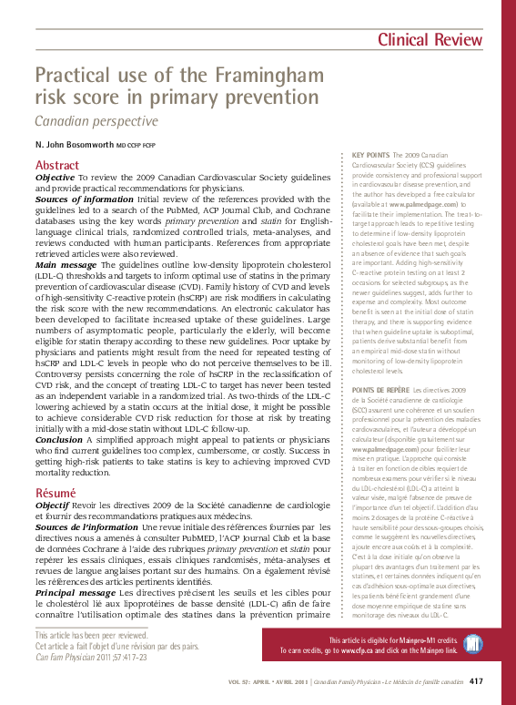 (PDF) Practical use of the Framingham risk score in primary prevention ...