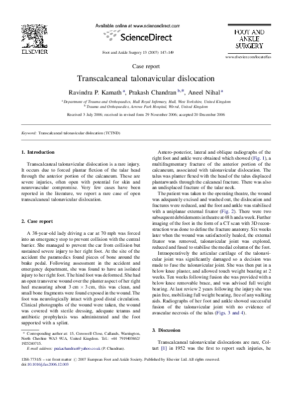 (PDF) Transcalcaneal talonavicular dislocation
