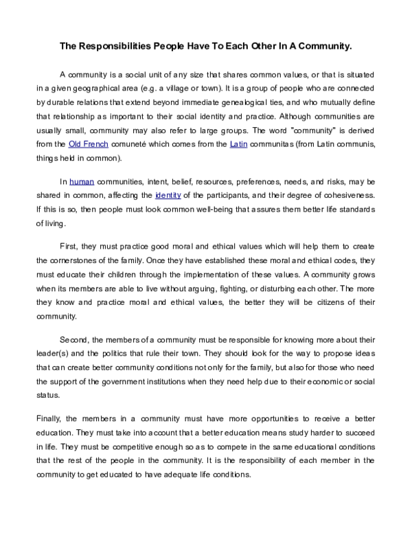 (DOC) The Responsibilities People Have To Each Other In A Community