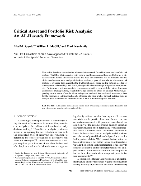 (PDF) Critical Asset and Portfolio Risk Analysis: An All-Hazards Framework