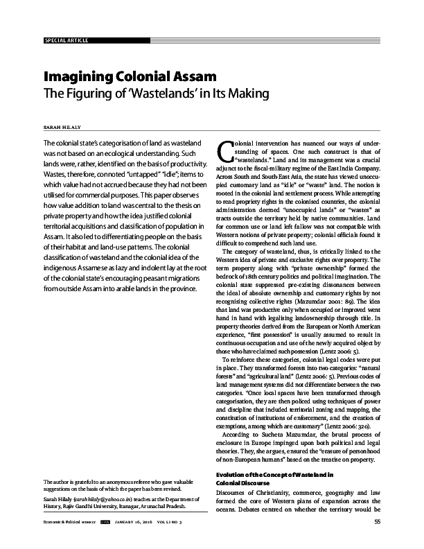 (PDF) Imagining Colonial Assam The Figuring of 'Wastelands' in Its Making
