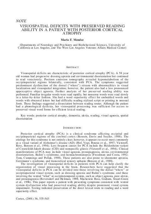 (PDF) Visuospatial Deficits with Preserved Reading Ability in a Patient ...