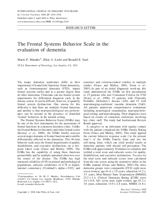 (PDF) The Frontal Systems Behavior Scale in the evaluation of dementia