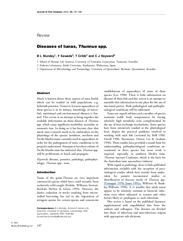 (PDF) Diseases of tunas, Thunnus spp