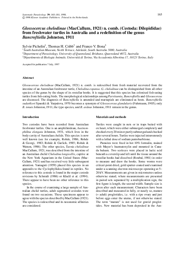 (PDF) Glossocercus chelodinae (MacCallum, 1921) n. comb. (Cestoda ...