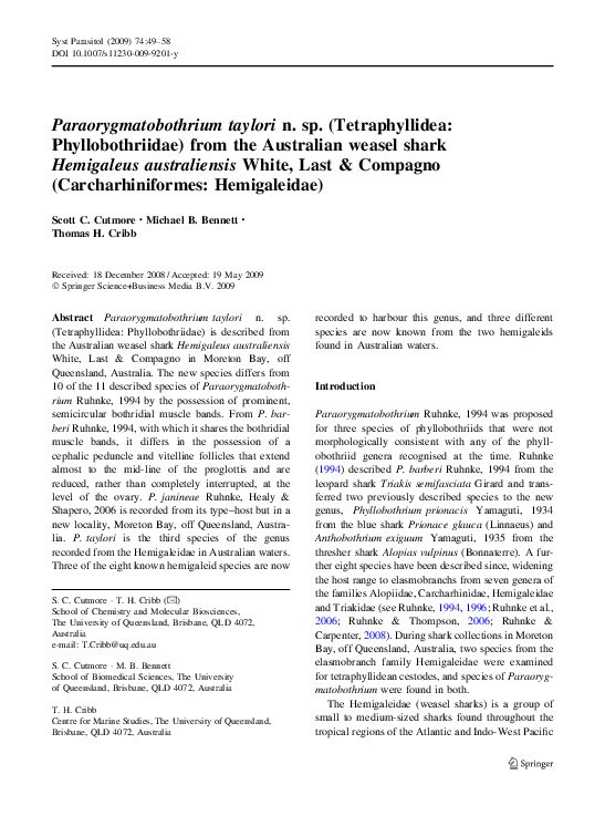 (PDF) Paraorygmatobothrium taylori n. sp. (Tetraphyllidea ...