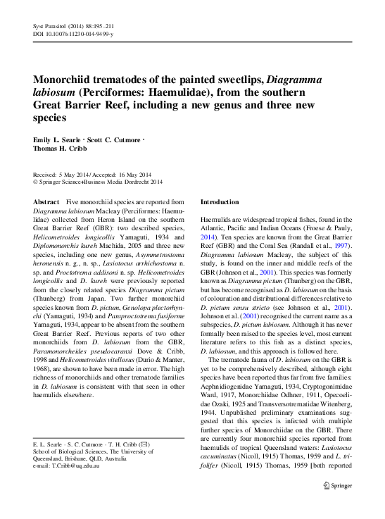 (PDF) Monorchiid trematodes of the painted sweetlips, Diagramma ...