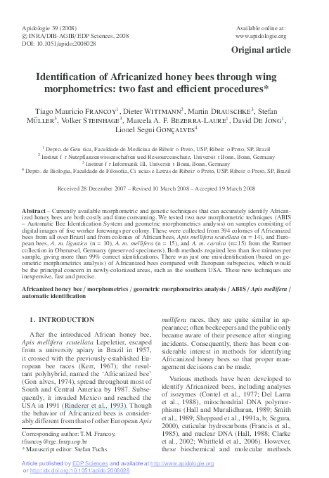 (PDF) Identification of Africanized honey bees through wing ...