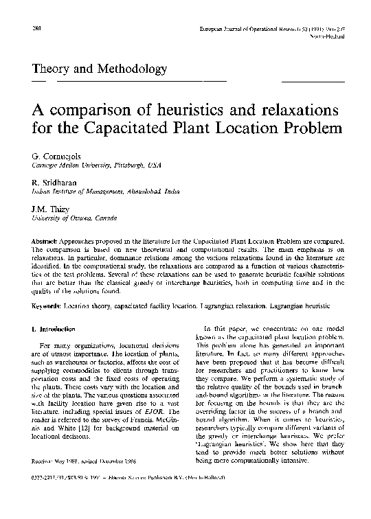 (PDF) A comparison of heuristics and relaxations for the capacitated plant location problem