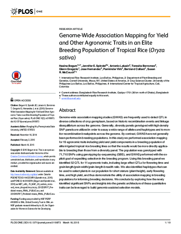 (PDF) Genome-Wide Association Mapping for Yield and Other Agronomic Traits in an Elite Breeding ...