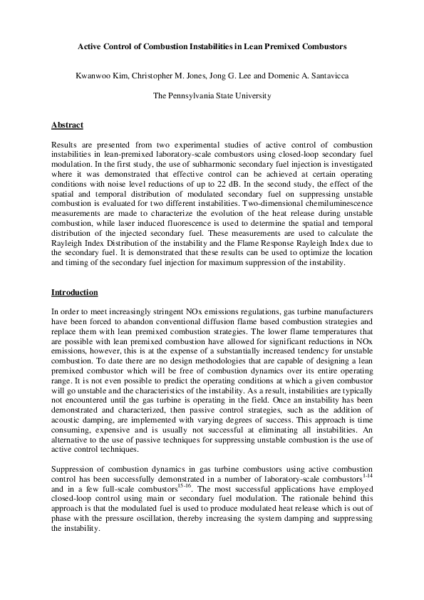 (PDF) Active Control of Combustion Instabilities in Gas Turbine Burners