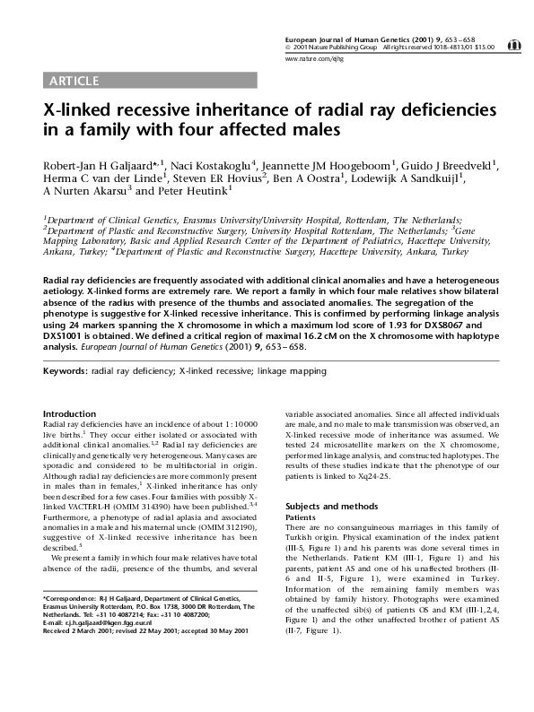 (PDF) X-linked recessive inheritance of radial ray deficiencies in a ...