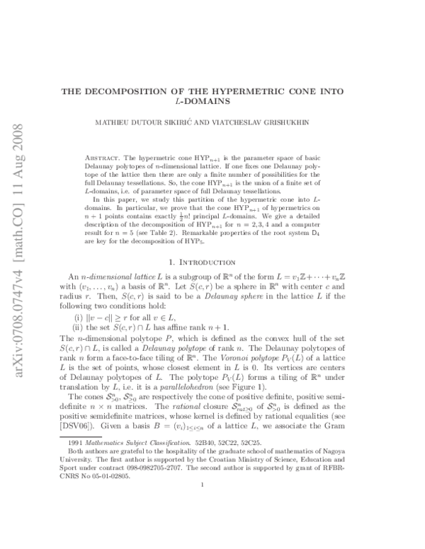 (PDF) The decomposition of the hypermetric cone into L-domains