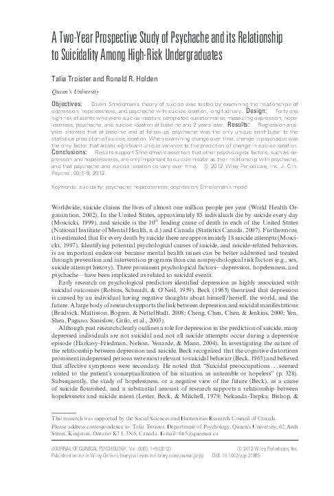 (PDF) Assessing psychache as a suicide risk variable: Data with the ...