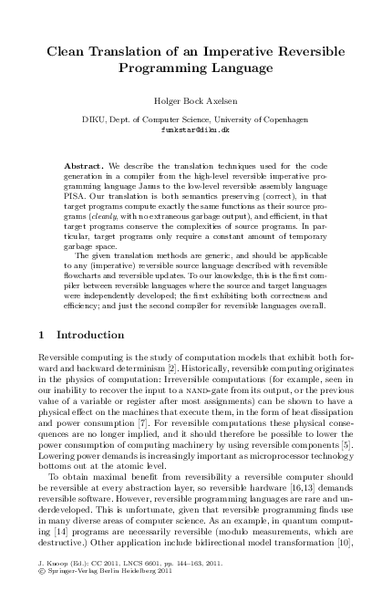 Pdf Clean Translation Of An Imperative Reversible Programming Language