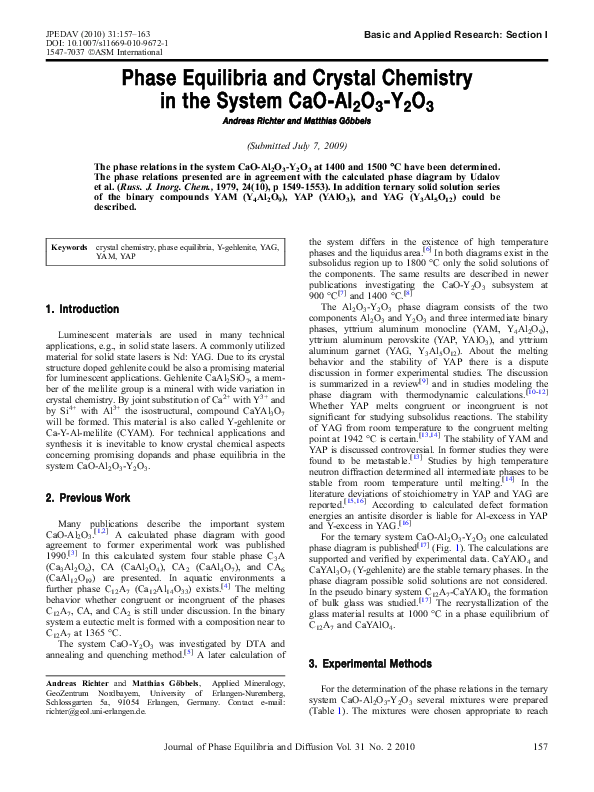 (PDF) Phase Equilibria and Crystal Chemistry in the System CaO-Al2O3-Y2O3